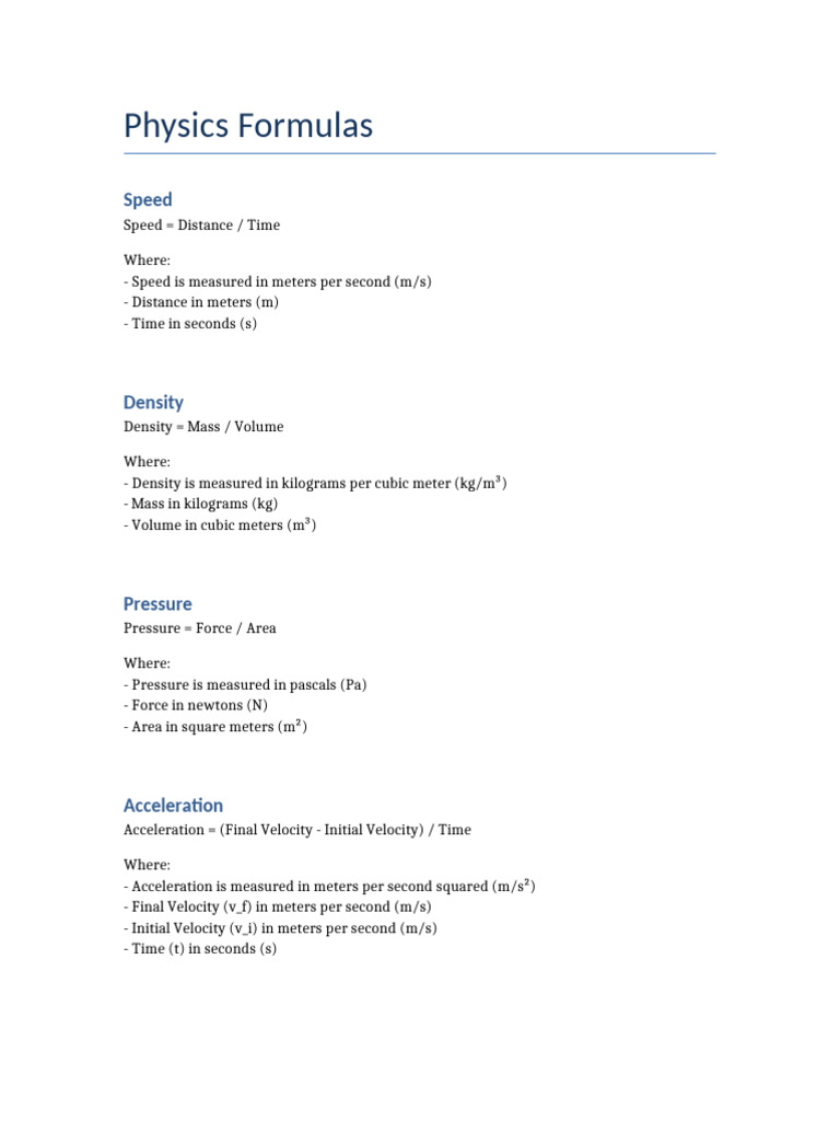 Physics Formulas Grade 9 | PDF