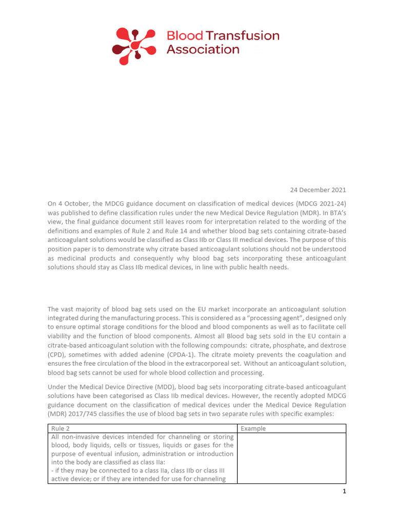 BTA Position Paper Classification of Blood Bag Sets With Citrate-Based ...