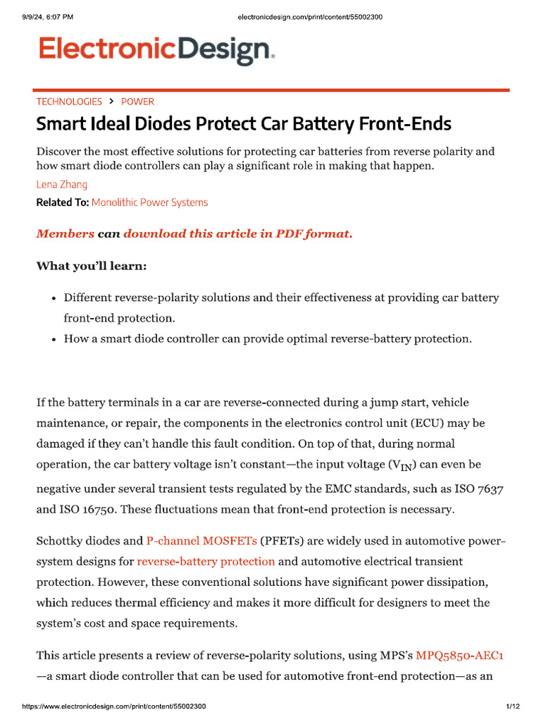 ED Smart Ideal Diodes Protect Car Battery | PDF