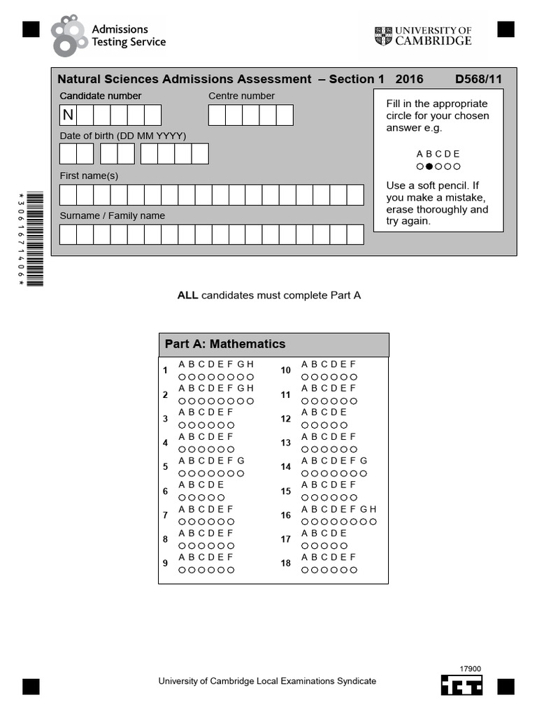 NSAA 2016 Section 1 Answer Sheet | PDF