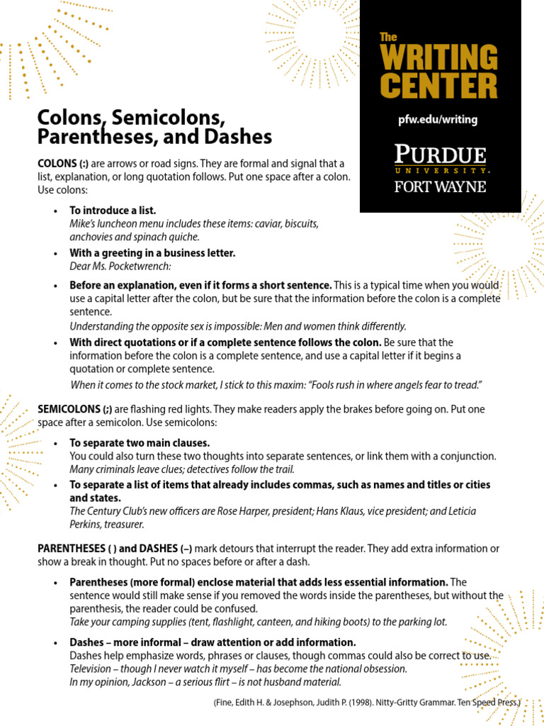 Colons Semicolons Parentheses Dashes | PDF