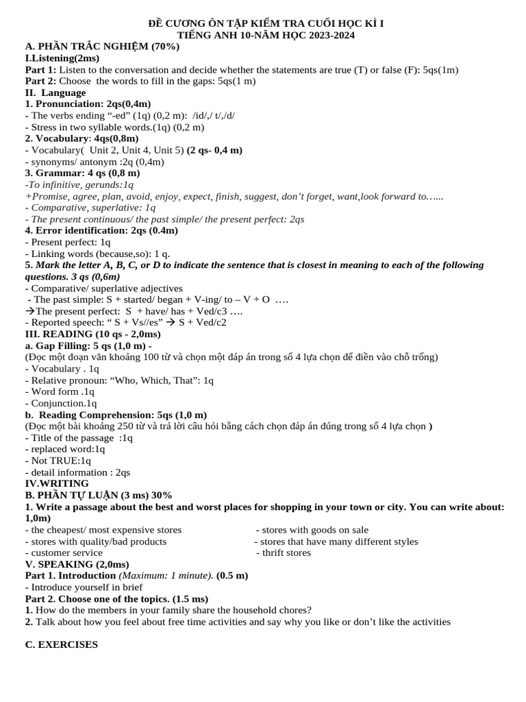 ĐỀ CƯƠNG CUỐI HKI K.10 (23-24) (chiều 8-12) | PDF