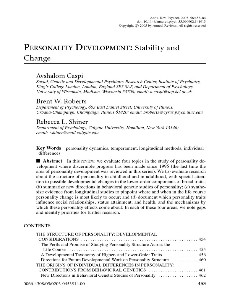 Caspi Et Al 2005 Personality Development Stability and Change | PDF