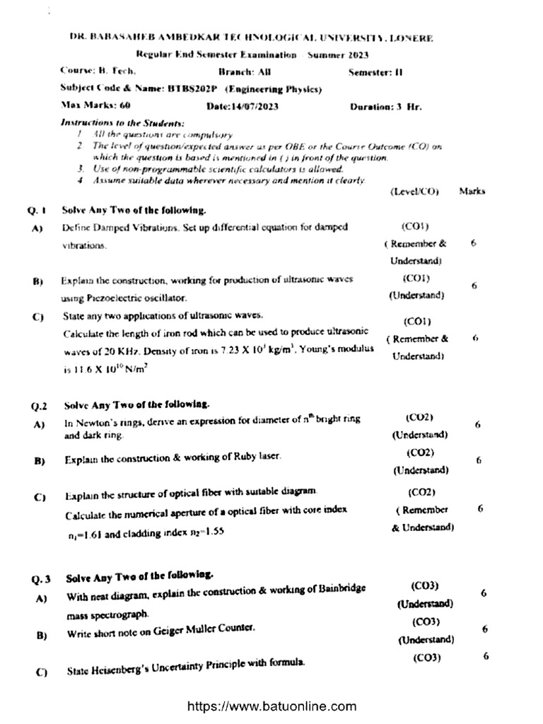 Btech 1 Year Engineering Physics Btbs202p Jul 2023 | PDF
