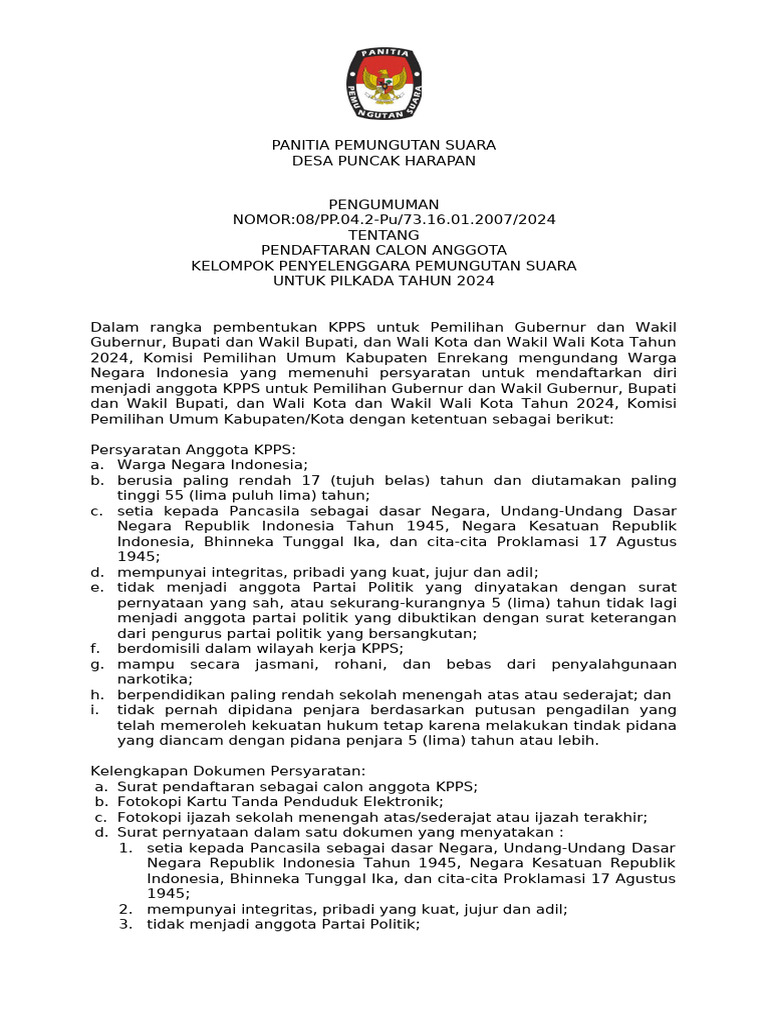 Print 2 Pengumuman PPS Pendaftaran KPPS | PDF