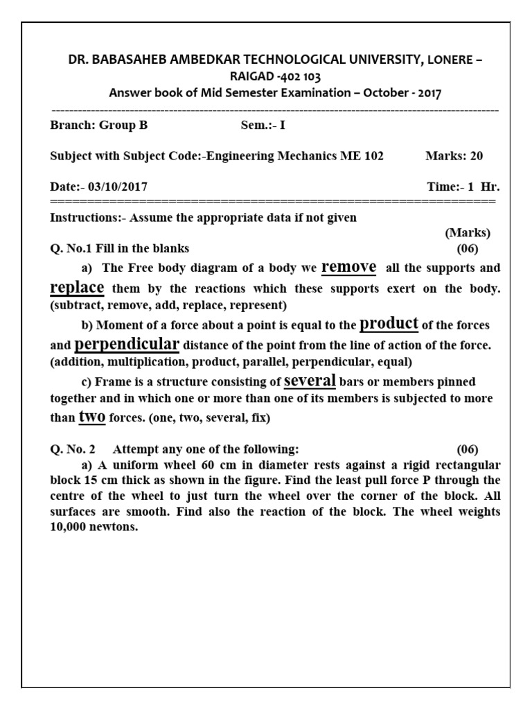 ME102 Engineering Mechanics Model Solution | PDF