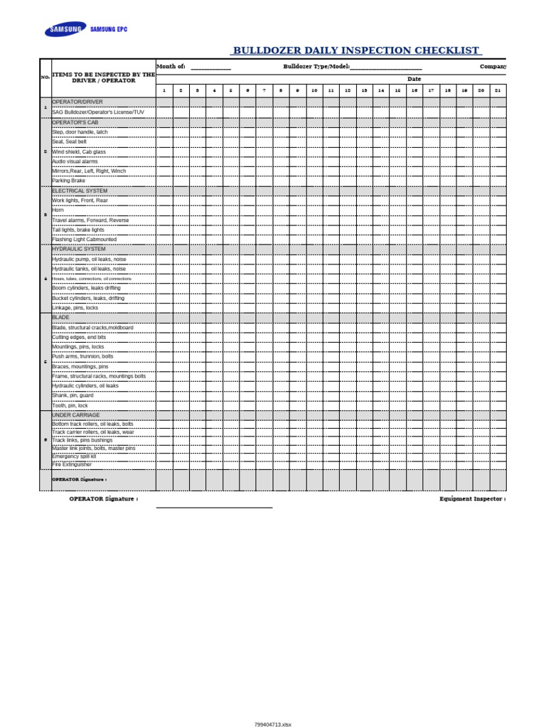 Bulldozer Daily Checklist | PDF