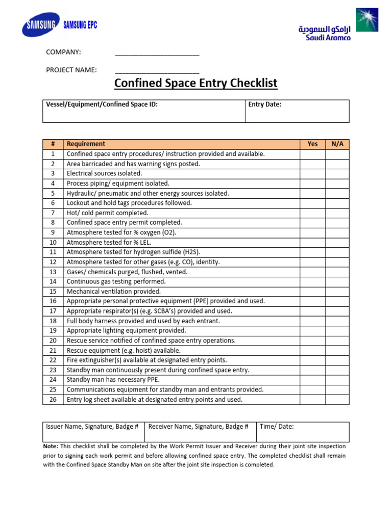 Confined Space Entry Checklist | PDF