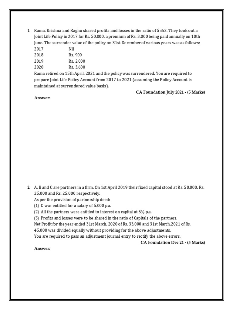 CA FND Accounts ERQ (5 Marks) - Partnership Sums | PDF