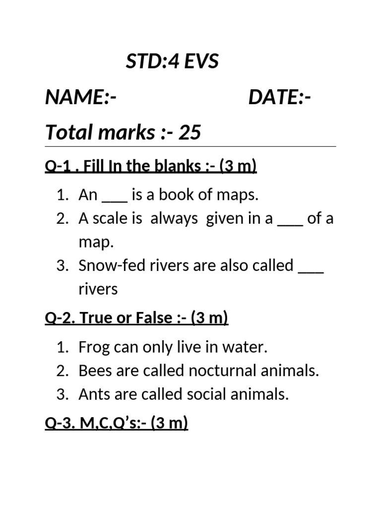 Std:4 Evs Name:-Date: - Total Marks: - 25 | PDF