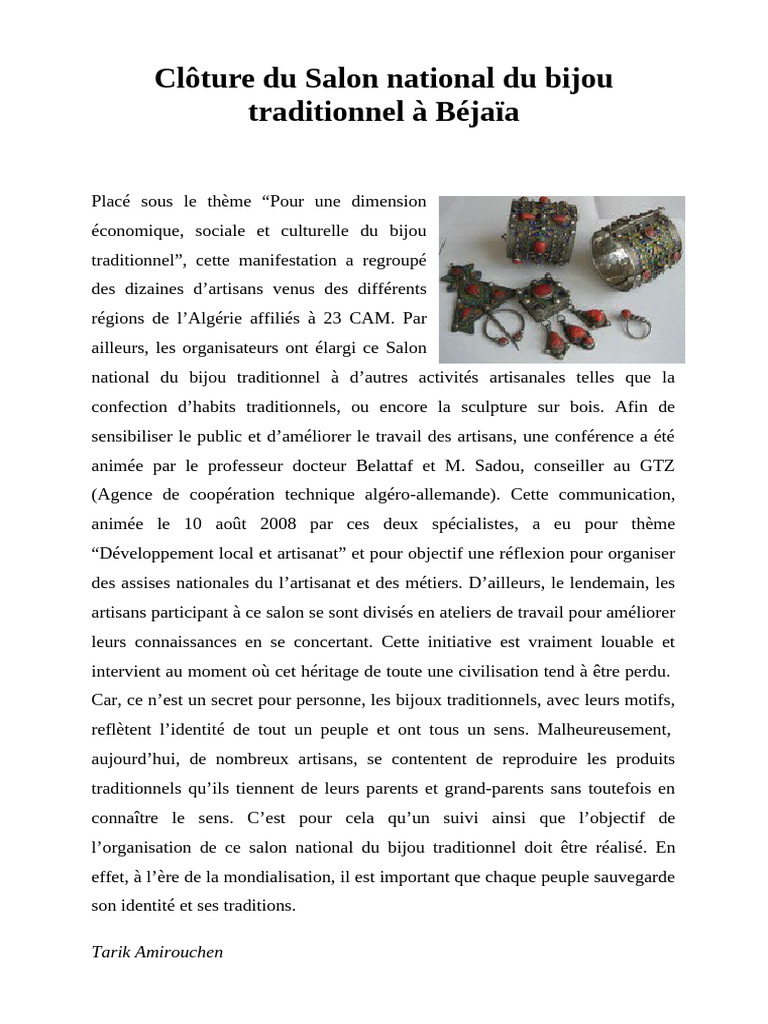 Clôture Du Salon National Du Bijou Traditionnel À Béjaïa | PDF