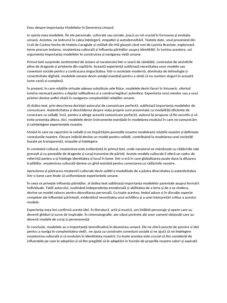 Eseu Despre Importanța Modelelor În Devenirea Umană | PDF