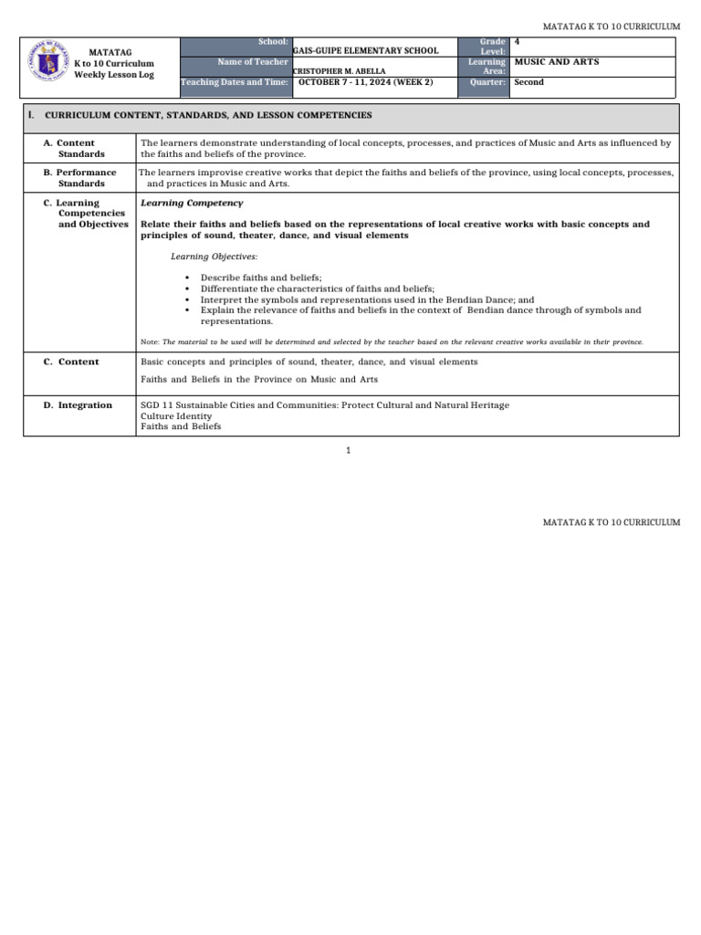 DLL Matatag - Music & Arts 4 Q2 W2 | PDF