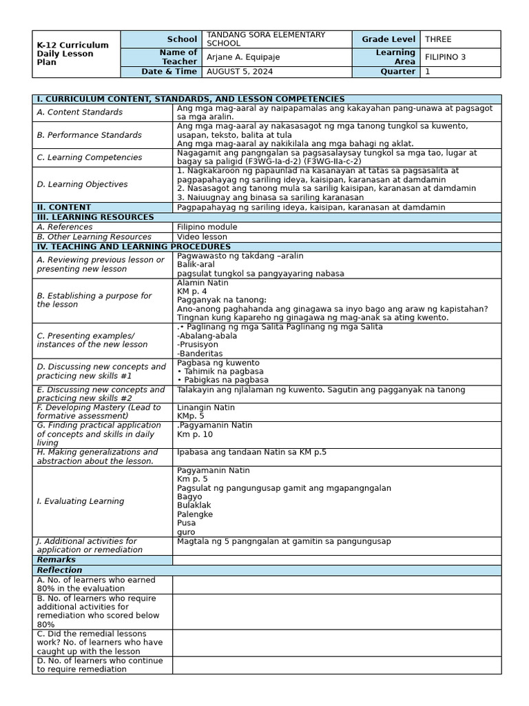 q1w1 Filipino DLP | PDF