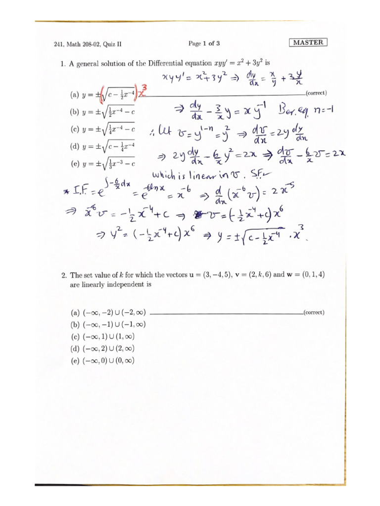 241 Math 208-02 Quiz II Solution | PDF