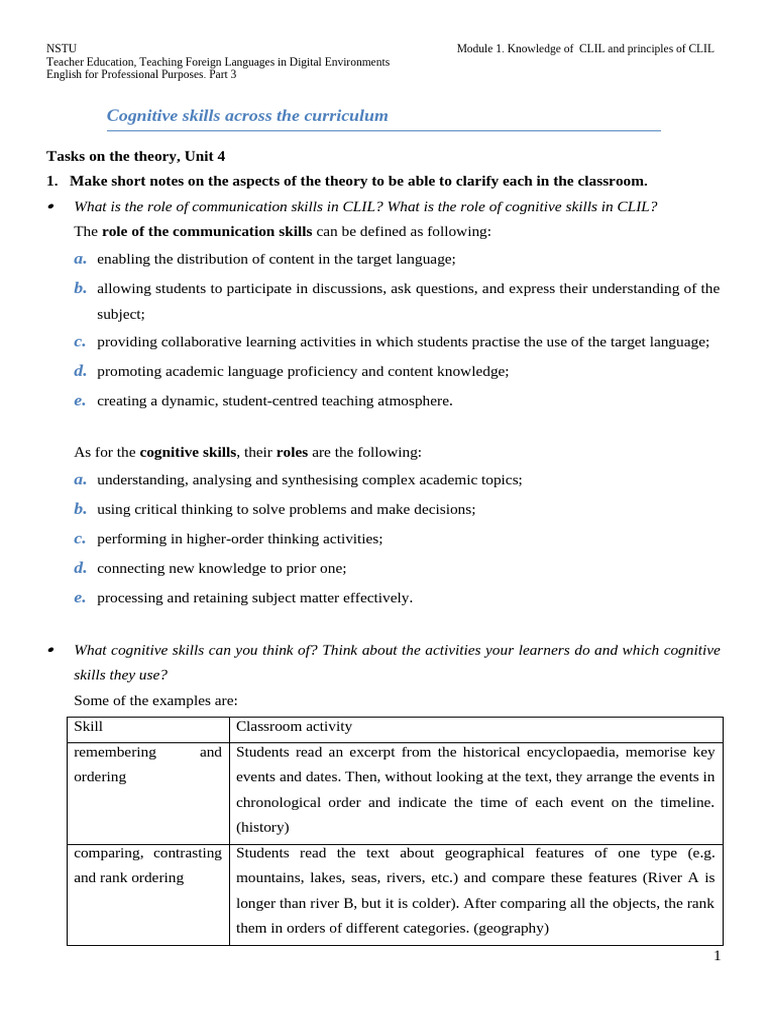 Cognitive Skills Across The Curriculum | PDF