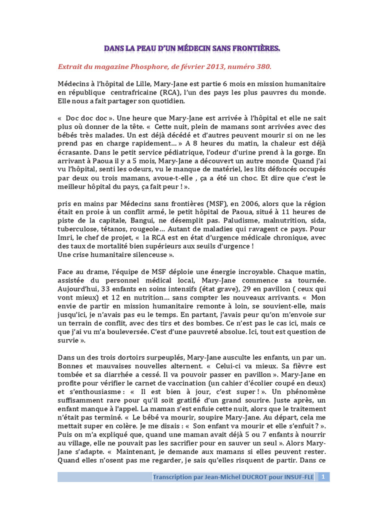 Dans la peau d'un médecin sans frontières. Transcription. Écoute B2 FLE ...