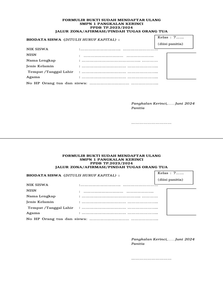 Formulir Bukti Daftar Ulang PPDB | PDF