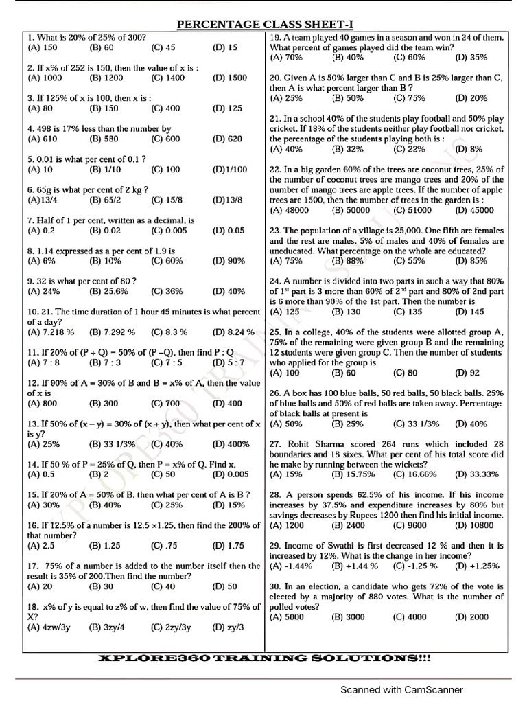 Percentage solution class sheet-I | PDF