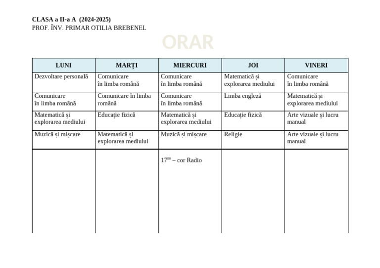 Orar - Clasa A II-a A 2024-2025 | PDF