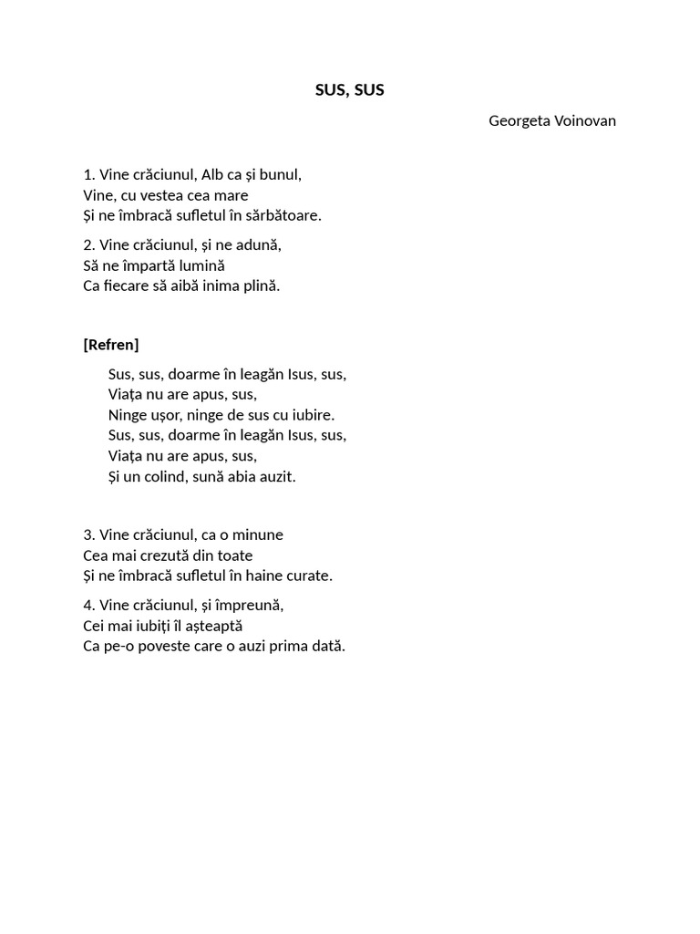 Sus, Sus - Cantec de Craciun (Georgeta Voinovan) | PDF