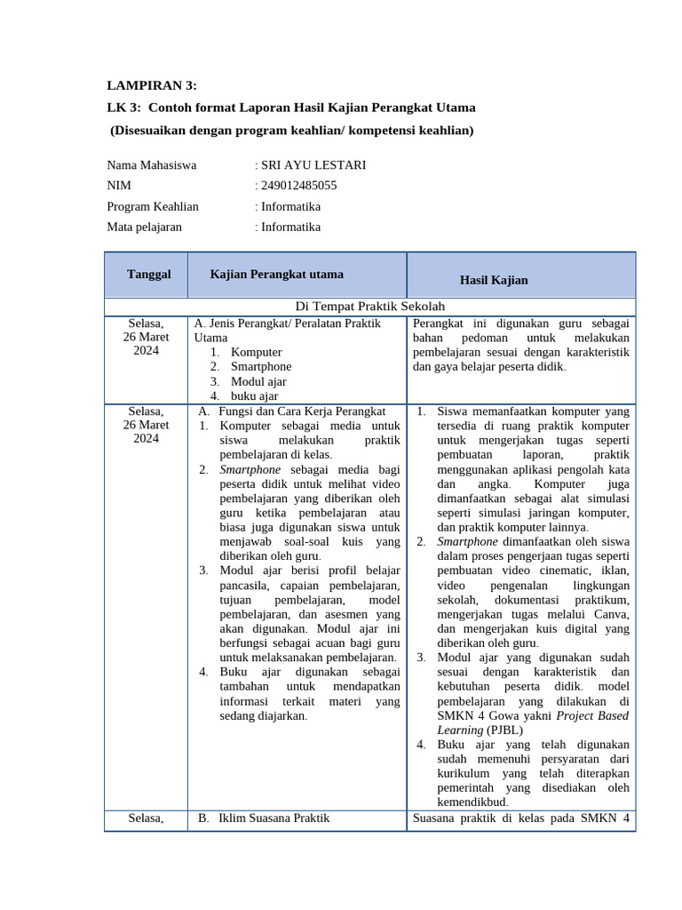 T-1 LK-3 Contoh Format Laporan Hasil Kajian Perangkat Utama | PDF