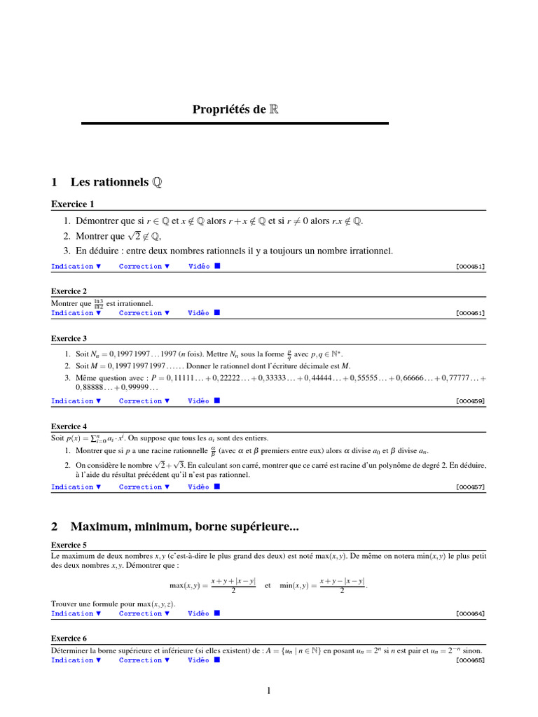 8 Série D'exercices Corrigés 8 Propriétés de IR - Analyse 1, SMIA S1 | PDF | Zéro d'une fonction ...