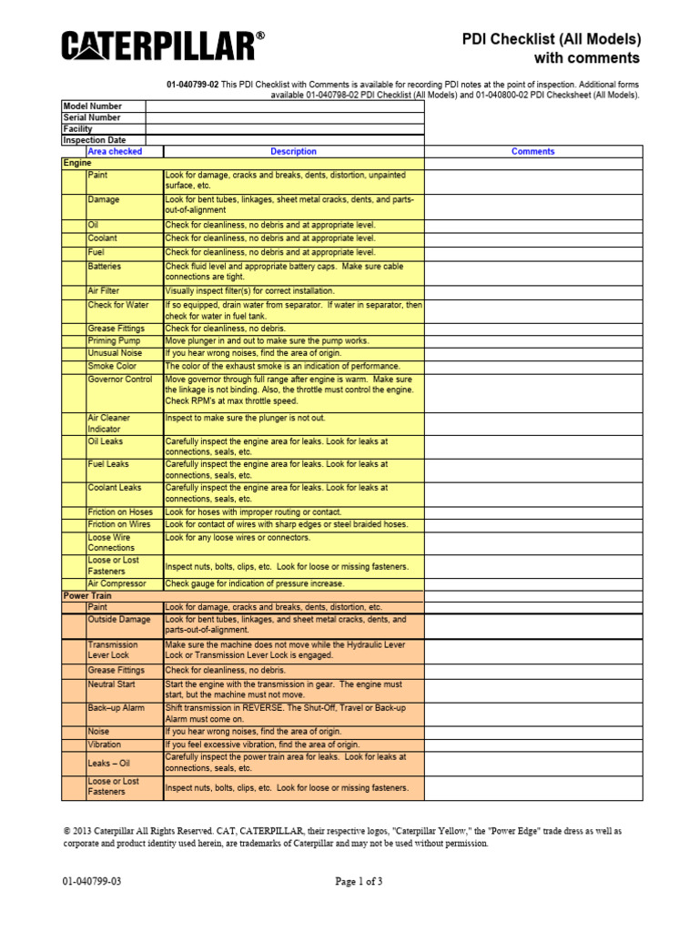 PDI Checklist (All Models) With Comments: Description Comments Area ...