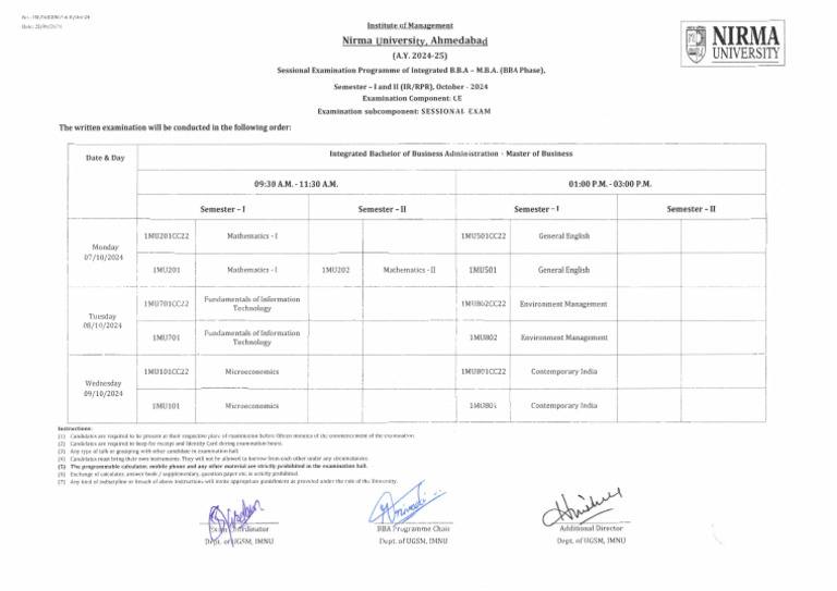 Sessional Exam Schedule - Semester-I (IR & RPR) & II (RPR) - Oct.-24 | PDF
