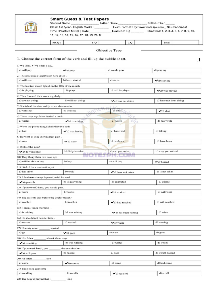 1st Year English Verb Solved MCQs - Nauman Sadaf | PDF