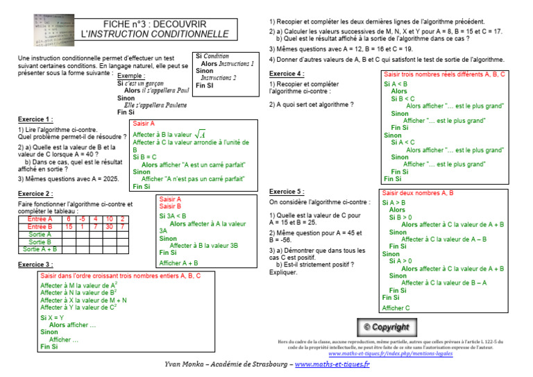 Fiche n°3 Découvrir l'instruction conditionnelle | PDF