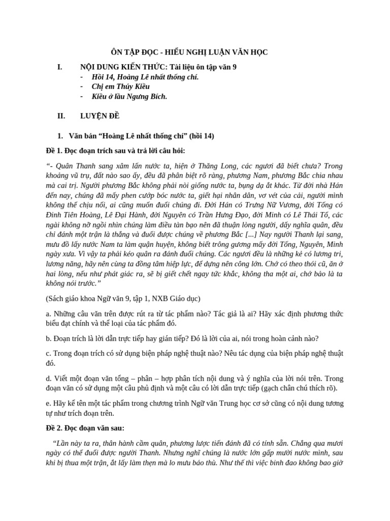 ÔN TẬP ĐỌC - HIỂU NLVH GIỮA KÌ I | PDF