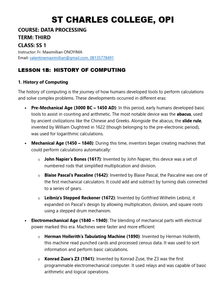 Lesson 1b History Of Computing Pdf