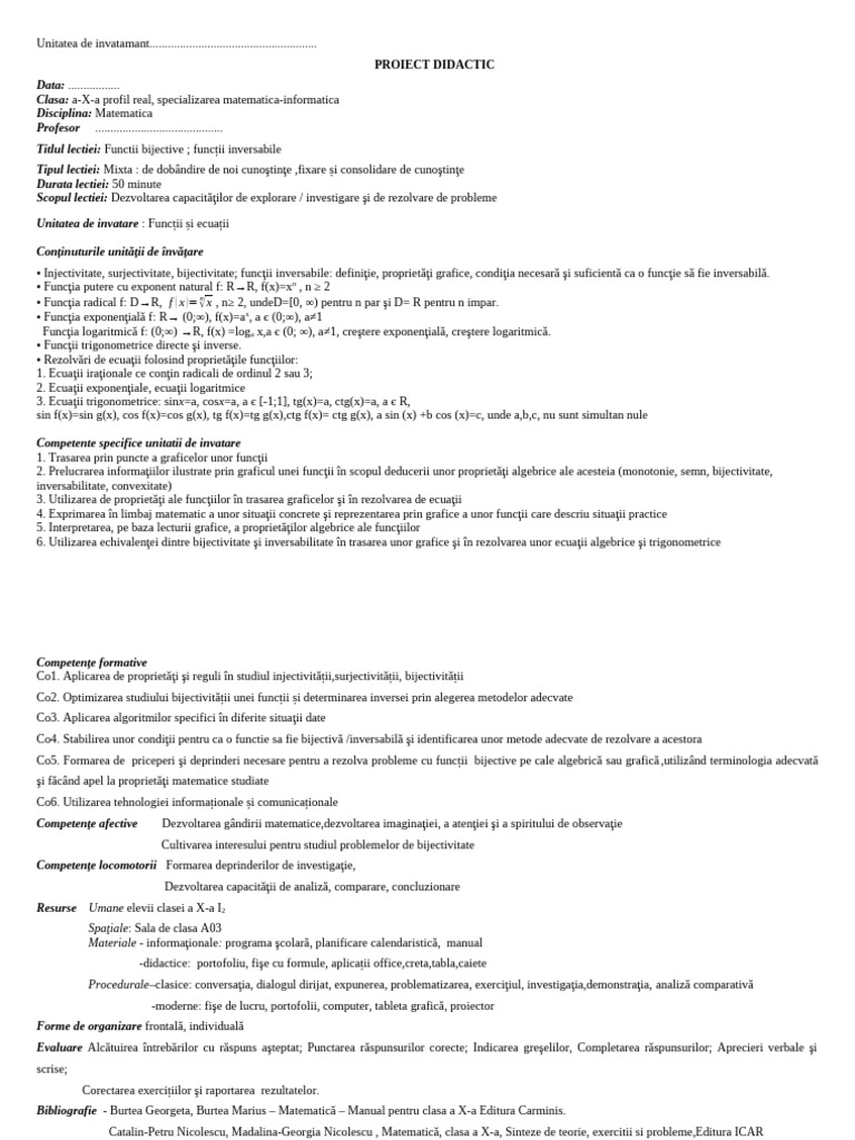 Proiect Didactic Functii Bijective Functii Inversabile | PDF