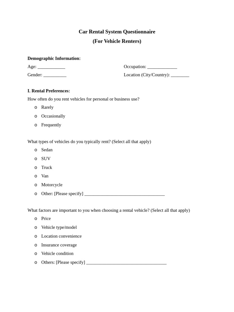 Car Rental System Questionnaire (For Vehicle Renters) | PDF