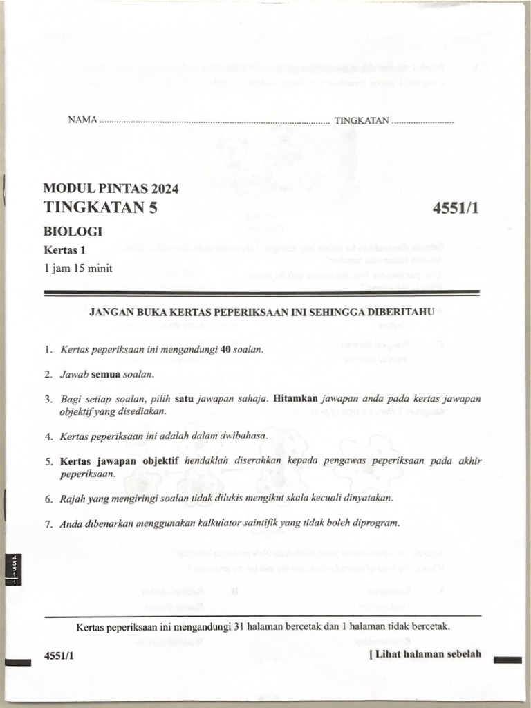 Selangor 2024 - Bio1 (Set 1) | PDF