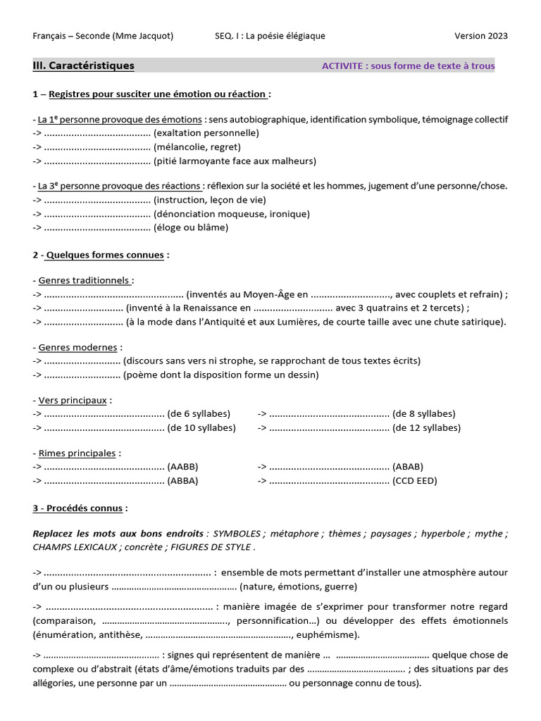 2° - SEQ1 - Cours S1, III - Caractéristiques À Compléter PDF | PDF