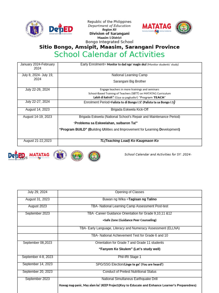 School Calendar of Activities Sy2024-2025 | PDF