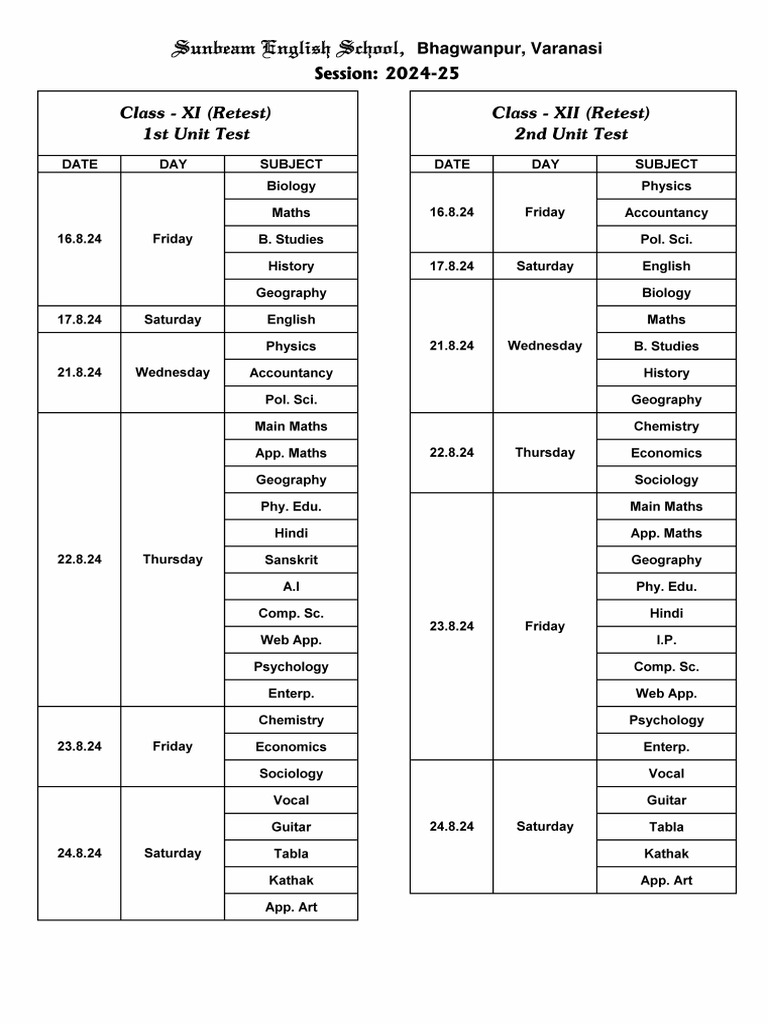 UT Schedule XI & XII (Retest) | PDF