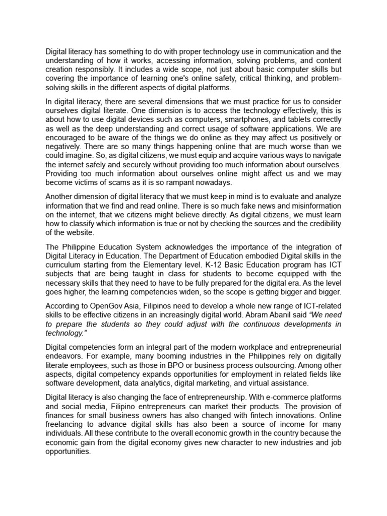 Digital Literacy Is The Correct Usage of Technology | PDF