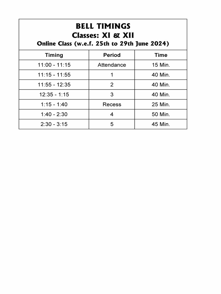 Bell Timings (Xi & Xii) | PDF