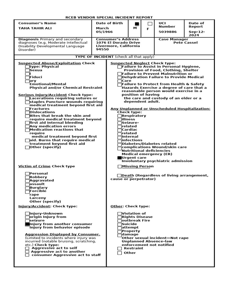 Special Incident Report Form Rceb | PDF | Wound | Mental Disorder