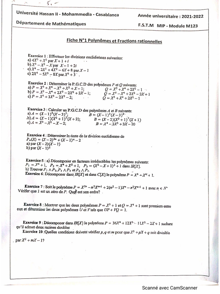 corriger fiche N°1 polynômes et fractions rationnelles | PDF