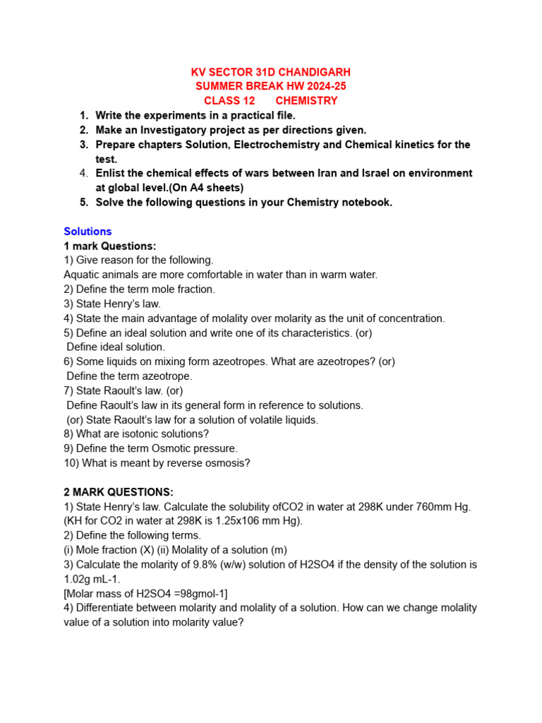 12 - Chem - Summer Break HW | PDF