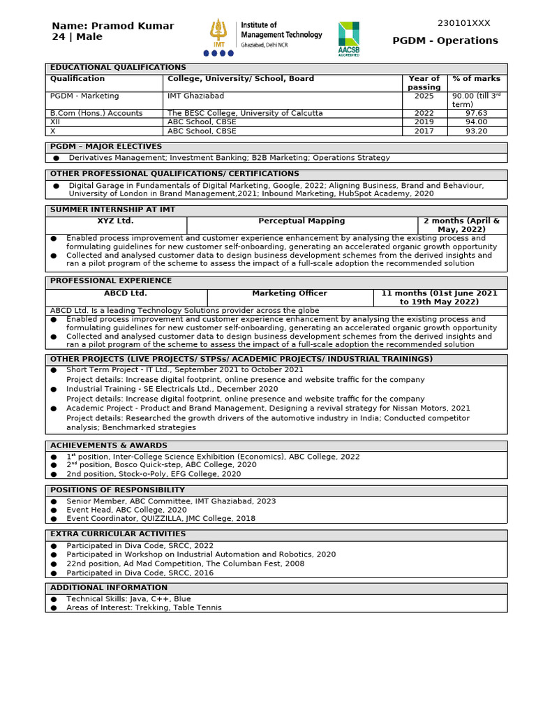 CV Sample - PGDM | PDF