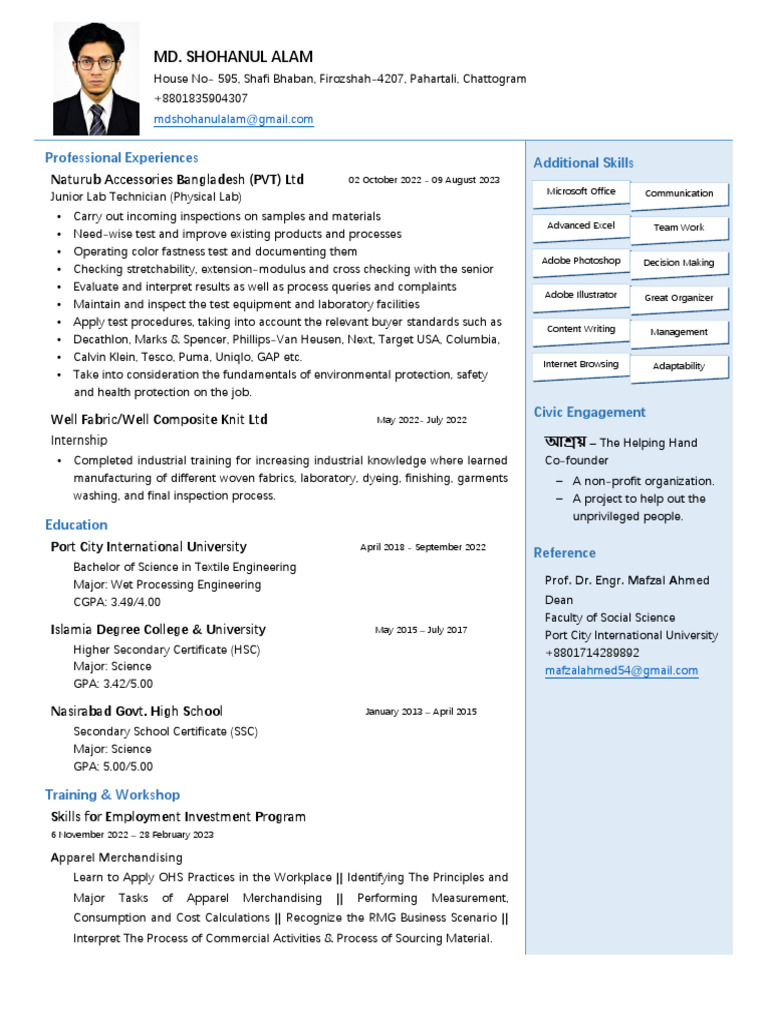 CV - Md. Shohanul Alam For Jr. Executive. IE | PDF | Textiles