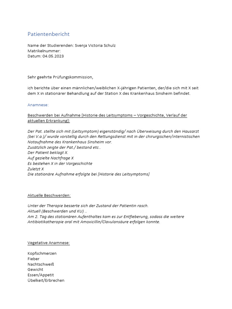Patientenbericht Vorlage | PDF