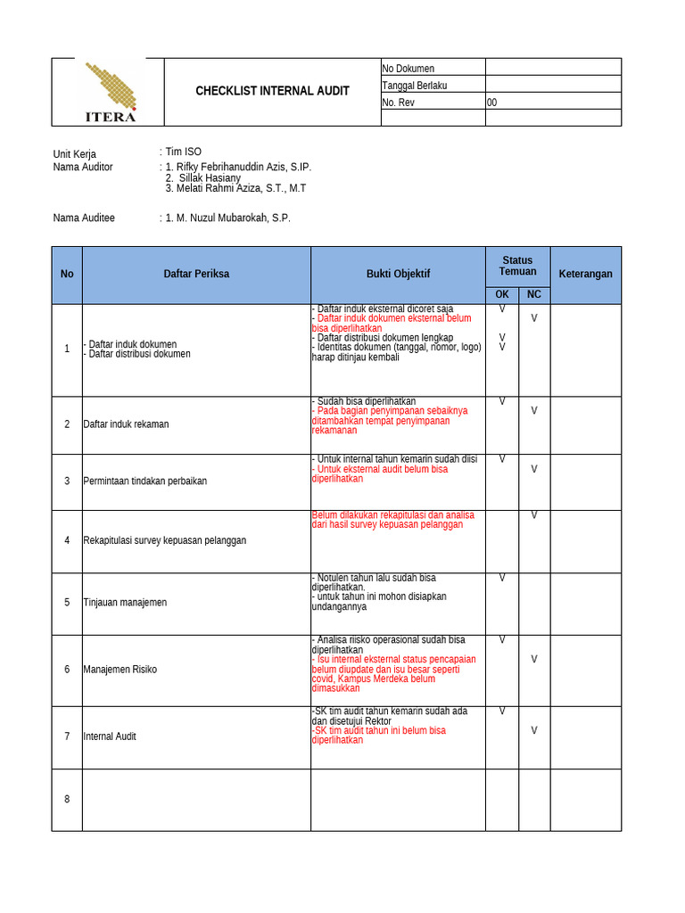 FR-04 Checklist Internal Audit 2020 | PDF