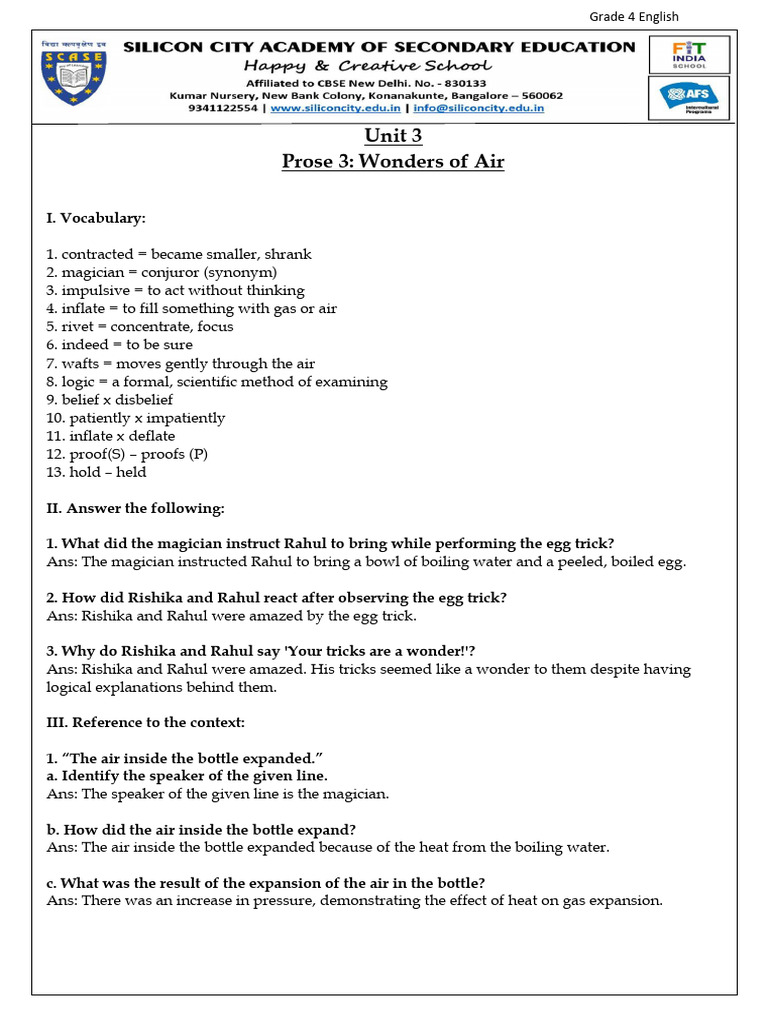 Grade 4 English Unit 3 Prose 3 CW | PDF