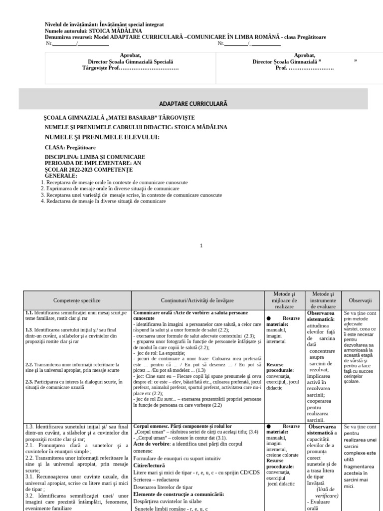 Model - Adaptare Curriculara - CLR Clasa Pregatitoare | PDF